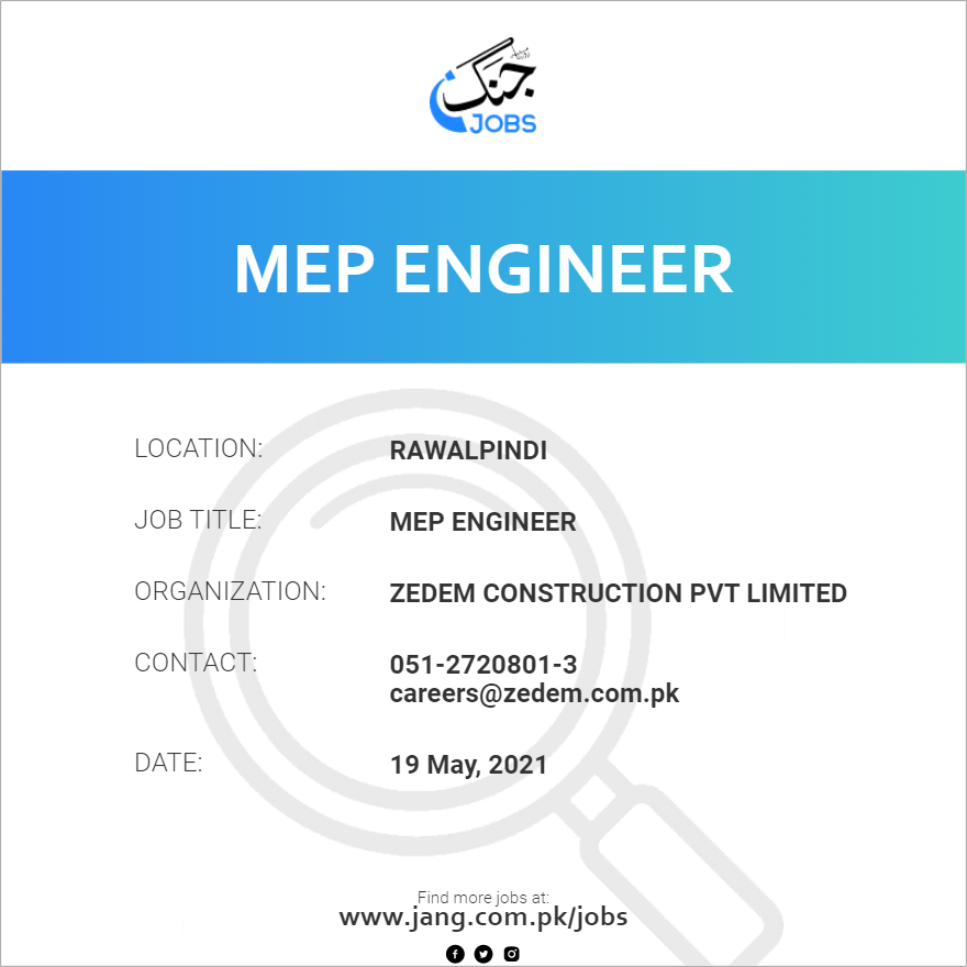 Mep Engineer Job – Zedem Construction Pvt Limited - Jobs in Rawalpindi ...