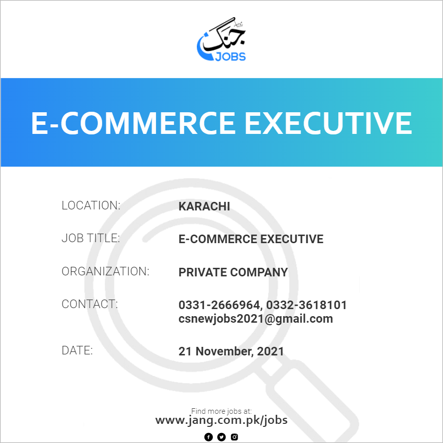 E-commerce Executive Job – Private Company - Jobs in Karachi – 28360