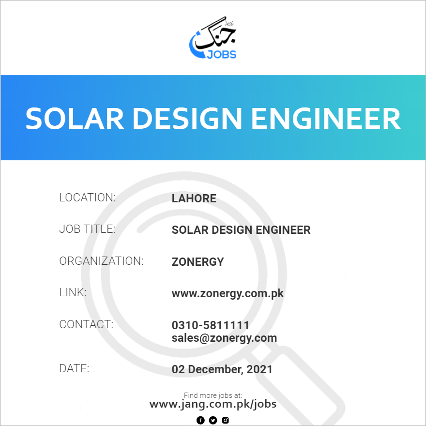 Solar Design Engineer Job – Zonergy - Jobs in Lahore – 29475