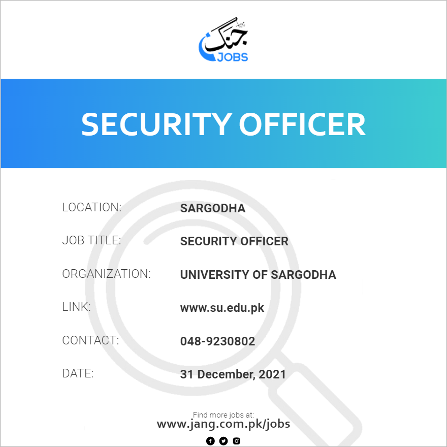Security Officer Job – University Of Sargodha - Jobs in Sargodha – 32325