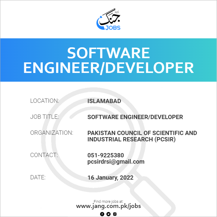 Software Engineer/developer Job – Pakistan Council Of Scientific And ...
