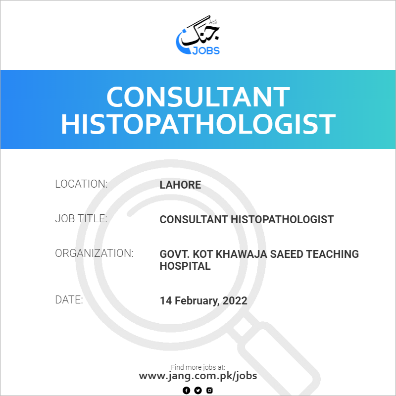 Consultant Histopathologist Job – Govt. Kot Khawaja Saeed Teaching Hospital - Jobs in Lahore – 36686