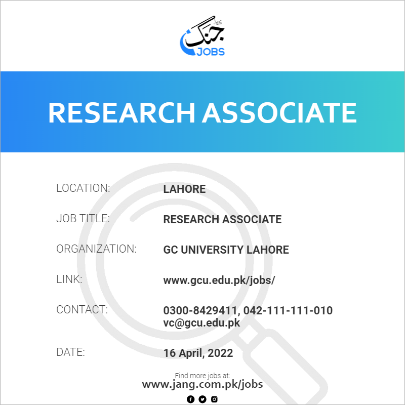 Research Associate Job – Gc University Lahore - Jobs in Lahore – 41098