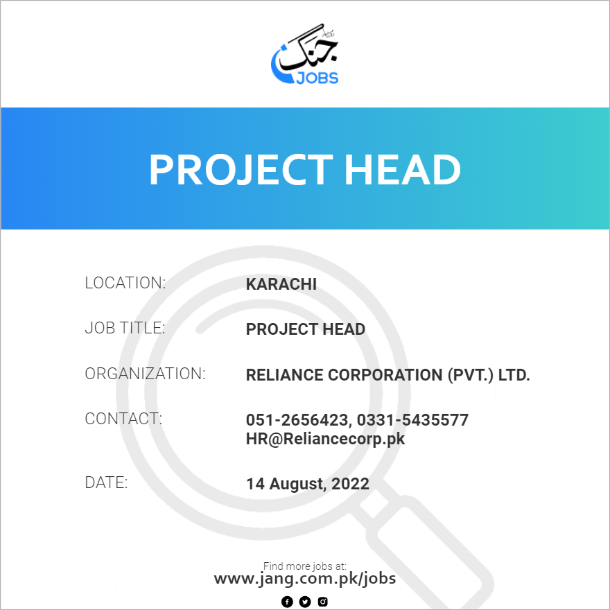 Project Head Job – Reliance Corporation (pvt.) Ltd. - Jobs in Karachi ...