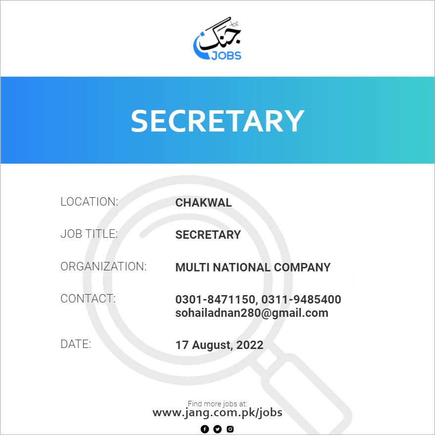 Secretary Job Multi National Company Jobs In Chakwal 49596 secretary-job-multi-national-company-jobs-in-chakwal-49596