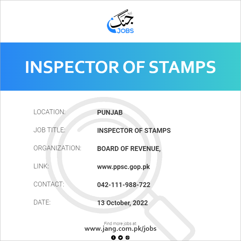 Inspector Of Stamps Job – Board Of Revenue, - Jobs in Punjab – 53314