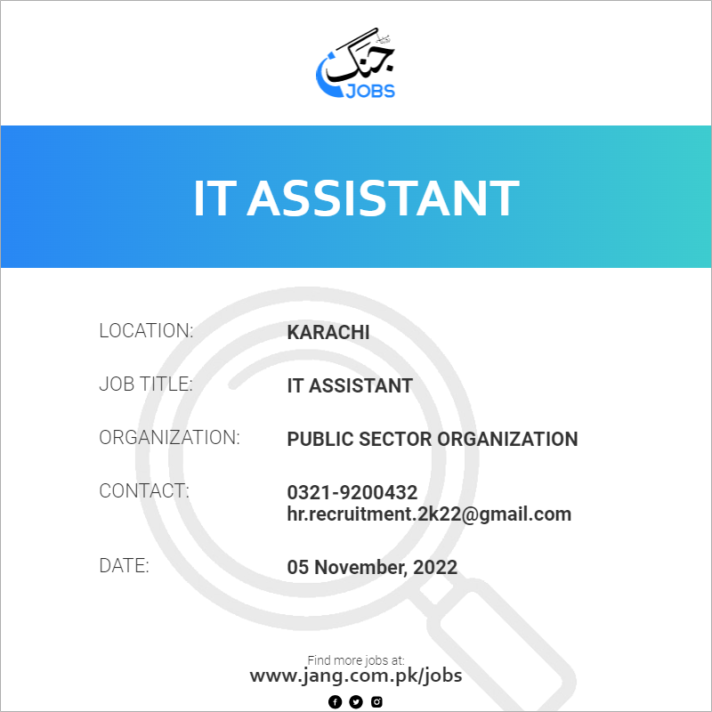 It Assistant Job – Public Sector Organization - Jobs in Karachi – 54542