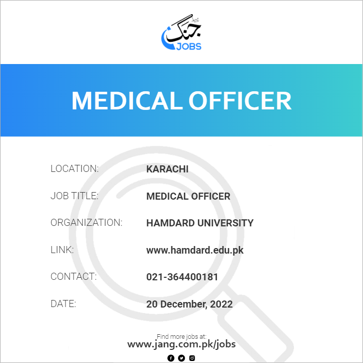 Medical Officer Job – Hamdard University - Jobs in Karachi – 57221